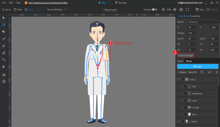 How to Convert a Curved Bone to a Straight Bone - Mango Animate Help Center