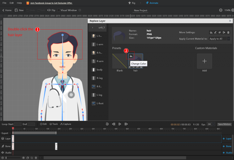 How to Change the Color of the Character's Hair in the Animate Mode - Mango Animate Help Center